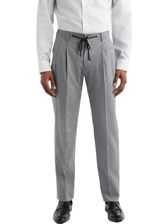 Zanella Nova Grey Glen Check Pleated Wool & Cotton Drawstring Dress Pants - Navy