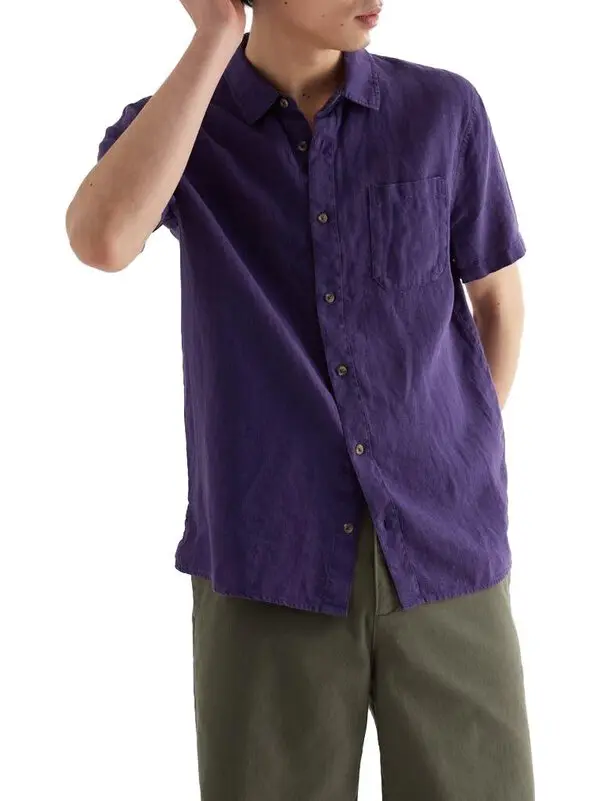 SEASALT CORNWALL Carne Short Sleeve Linen Button-up Shirt - Blackcurrant