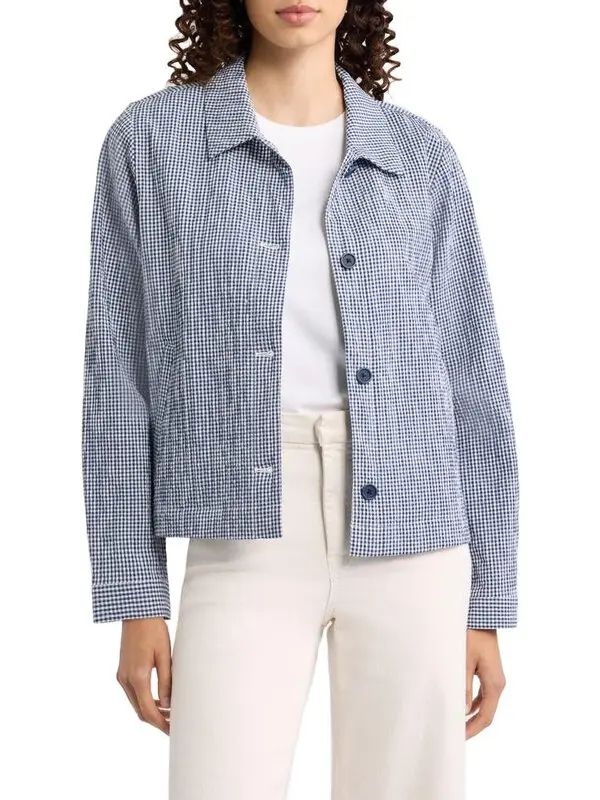 Eileen Fisher Check Stretch Cotton Jacket - Light Dive