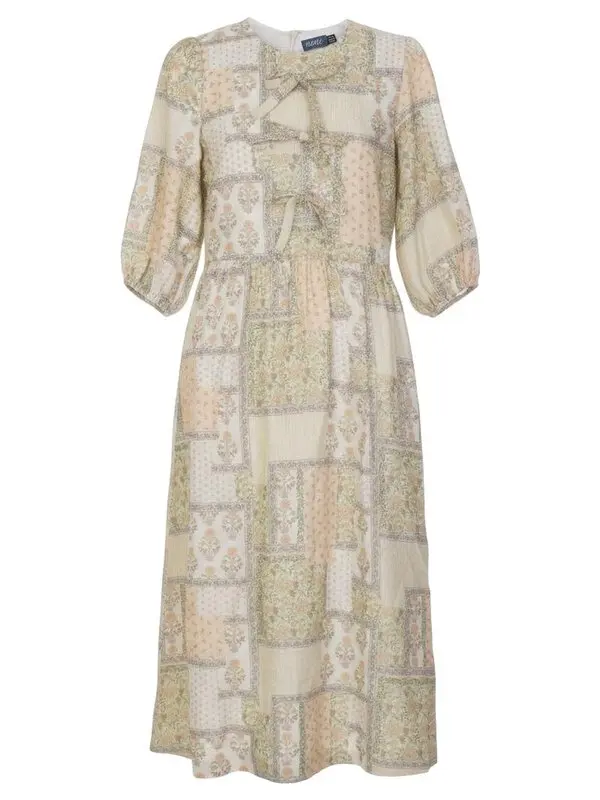 NONI Floral Print Puff Sleeve Midi Dress - Beige