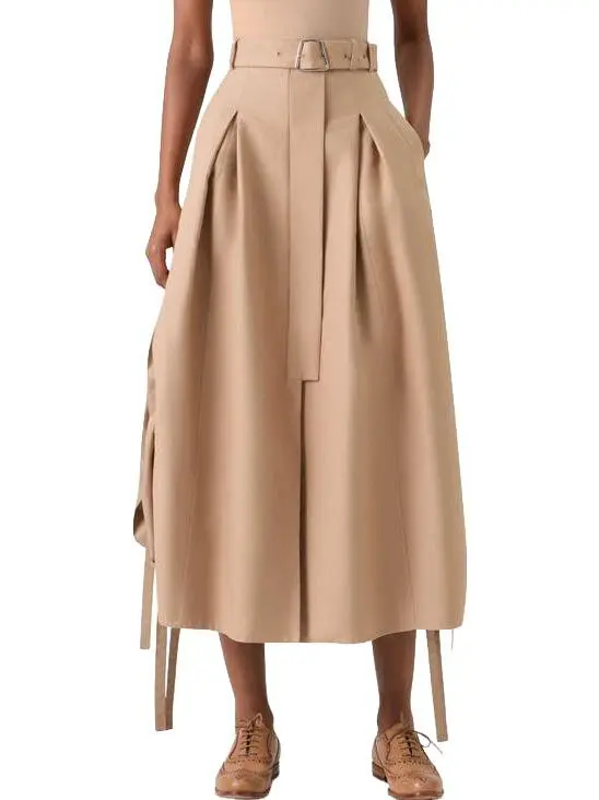 Akris Cotton Double Face Midi Skirt With Sculptural Pleats And Drawstring Ruching - Camel