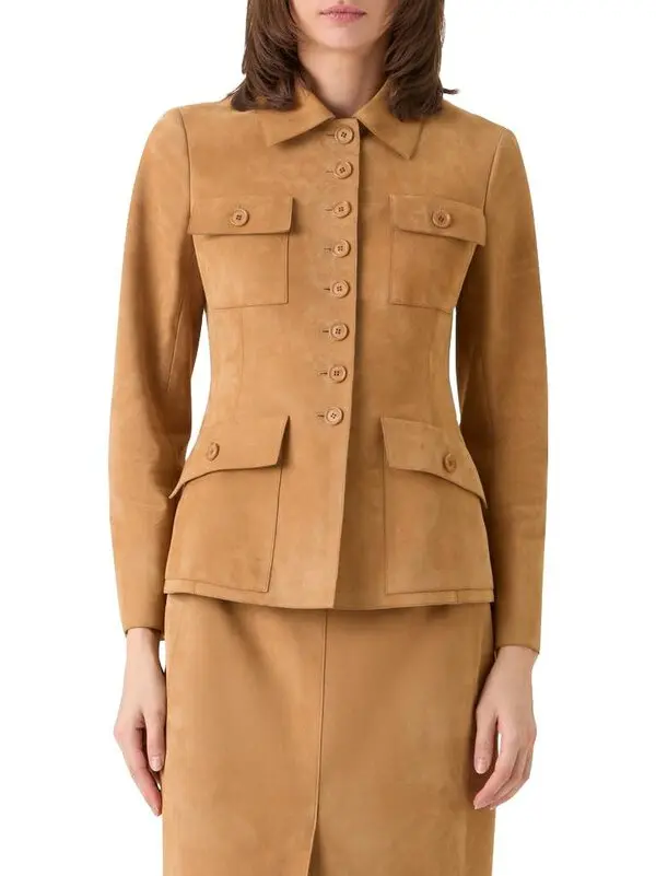 Akris Delia Fitted Goatskin Suede Jacket With Spread Collar And Utility Pockets - Camel