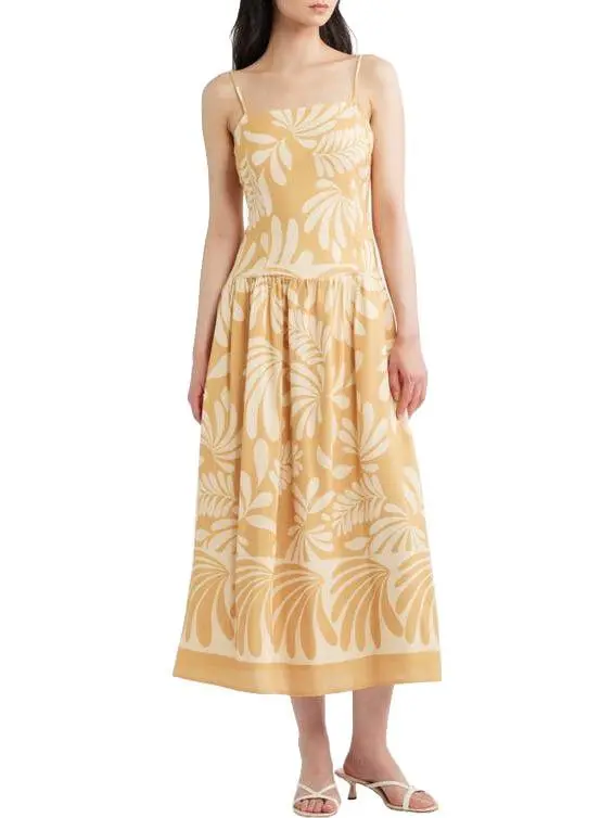 A.REN Sleeveless A-line Dress With Floral Print - Camel