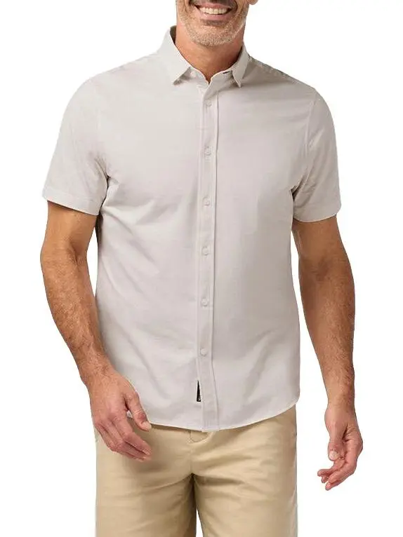 Mizzen+main Newport Solid Tan Short Sleeve Knit Cotton Blend Button-up Shirt - Oat