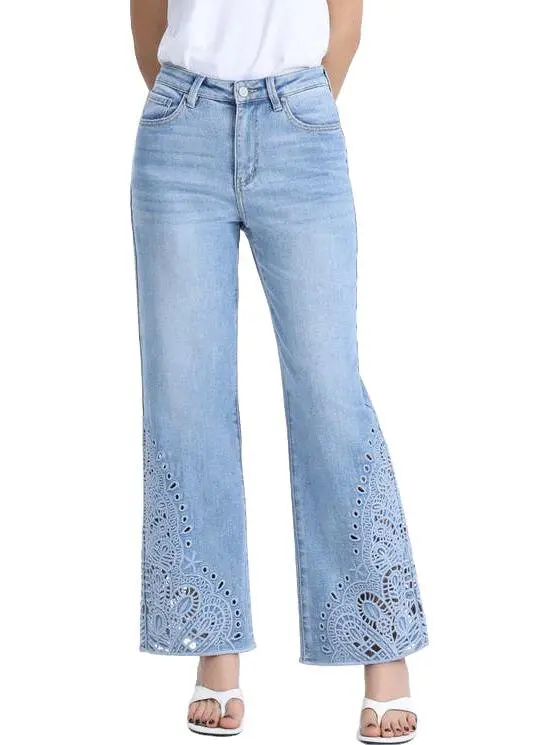 BAYEAS High Waist Flare Jeans With Eyelet Detail - Cloud Motion