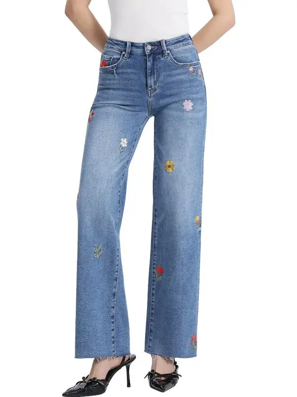 BAYEAS Embroidered Wide Leg Jeans - Medium Blue
