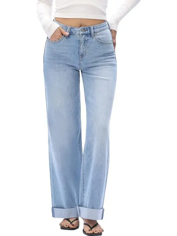 BAYEAS Cuffed Straight Leg Jeans - Light Blue