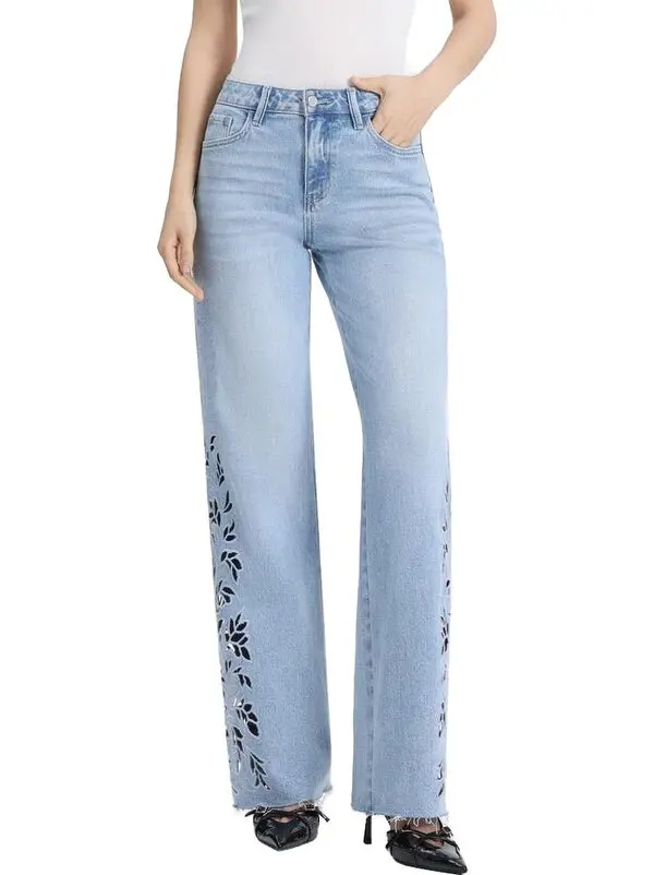 BAYEAS Floral Raw Hem Straight Leg Jeans - Light Blue