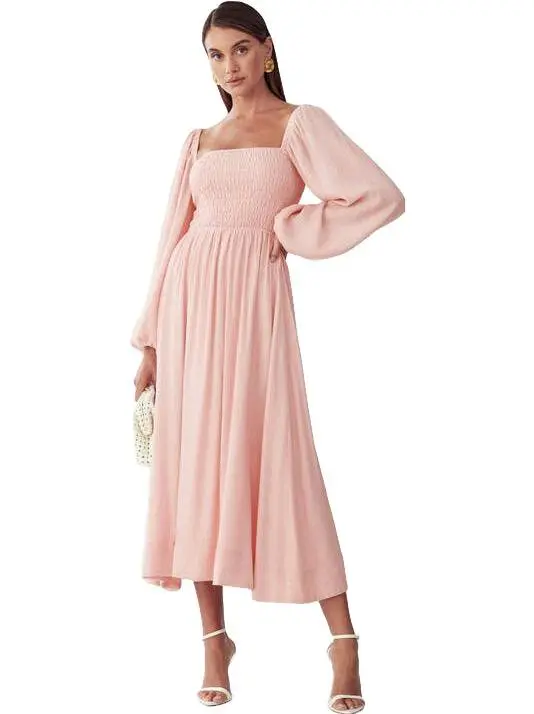 ST MRLO True Midi Dress With Balloon Sleeves And Square Neckline - Blush