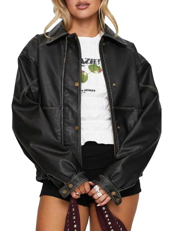 Princess Polly Jaxton Faux Leather Bomber Jacket - Black