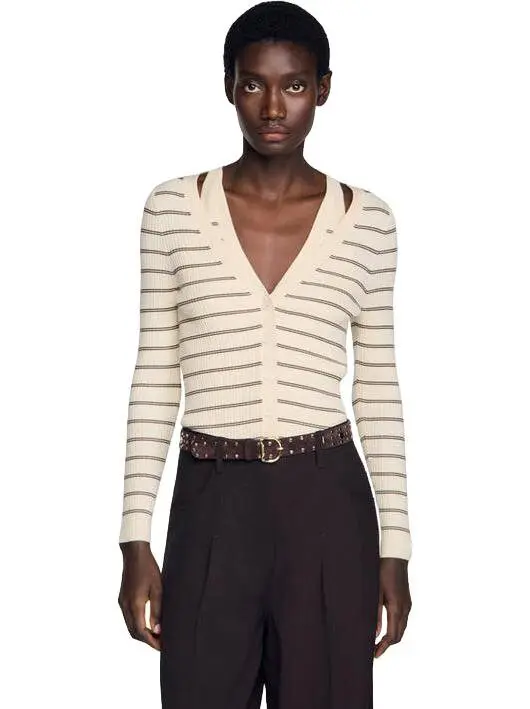 Sandro Striped Ribbed Cardigan - Ecru/brown