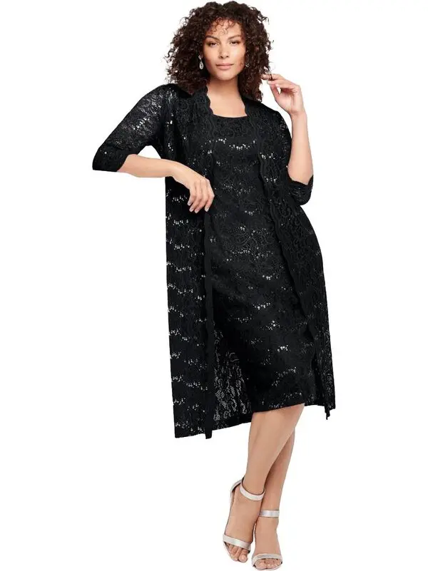 Roaman's 3/4 Sleeve Formal Duster Sequin Embellished Lace Dress Set - Black