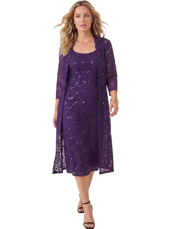 Roaman's 3/4 Sleeve Formal Duster Sequin Embellished Lace Dress Set - Midnight Violet