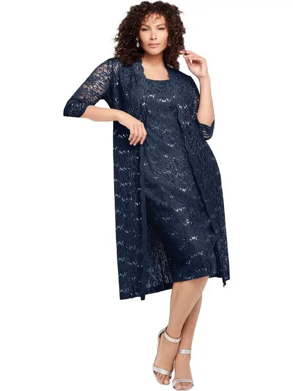 Roaman's 3/4 Sleeve Formal Duster Sequin Embellished Lace Dress Set - Navy