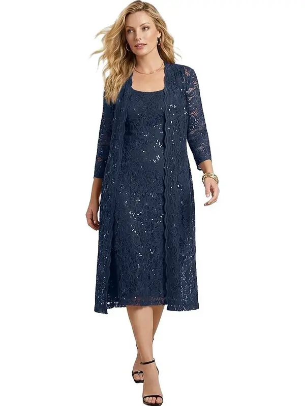 Roaman's 3/4 Sleeve Formal Duster Sequin Embellished Lace Dress Set - Navy