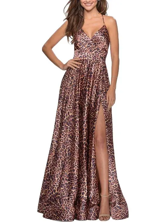 La Femme Print Strappy Gown - Leopard