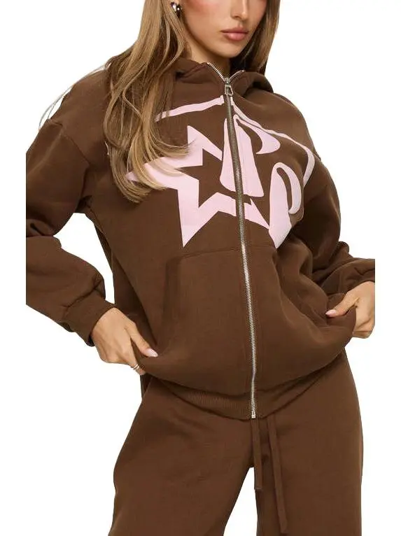 Princess Polly Stargirl Graphic Zip Hoodie - Brown