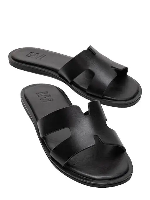 FOREVER & ALWAYS SHOES Biora Leather Slide Sandals - Black