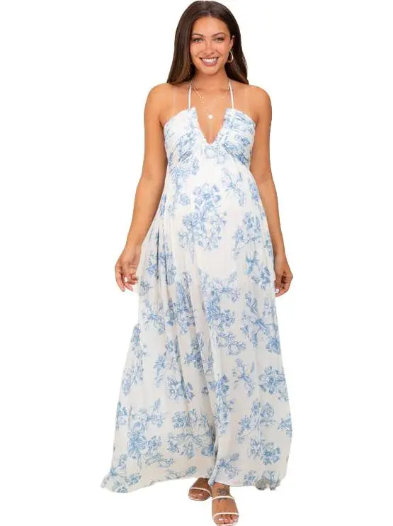 PINKBLUSH Floral Tie-back Halter Maxi Dress - Light Blue