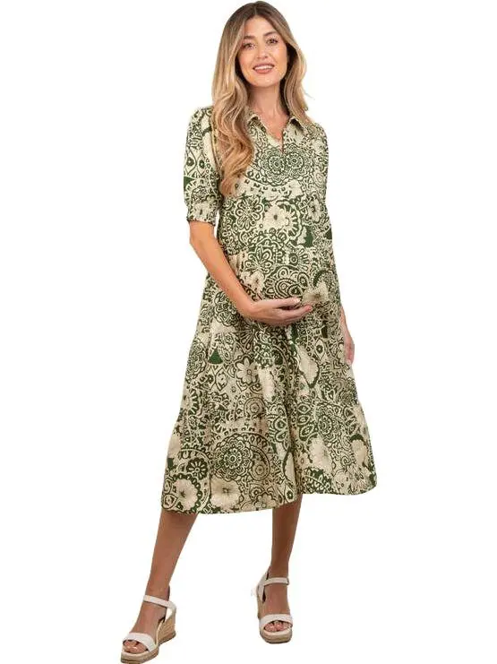 PINKBLUSH Floral Collared Tiered Maternity Midi Dress - Olive Green