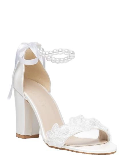 FOREVER & ALWAYS SHOES Elvian Floral Block Heel Bridal Sandals With Pearl Ankle Strap - Ivory