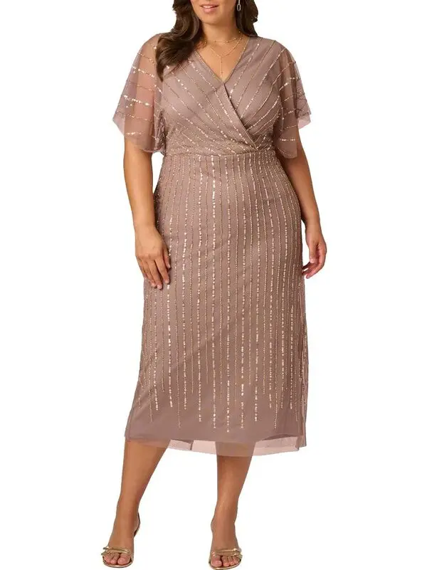 Adrianna Papell Beaded Cocktail Dress With Blouson Bodice And Billowy Sleeves - Stone