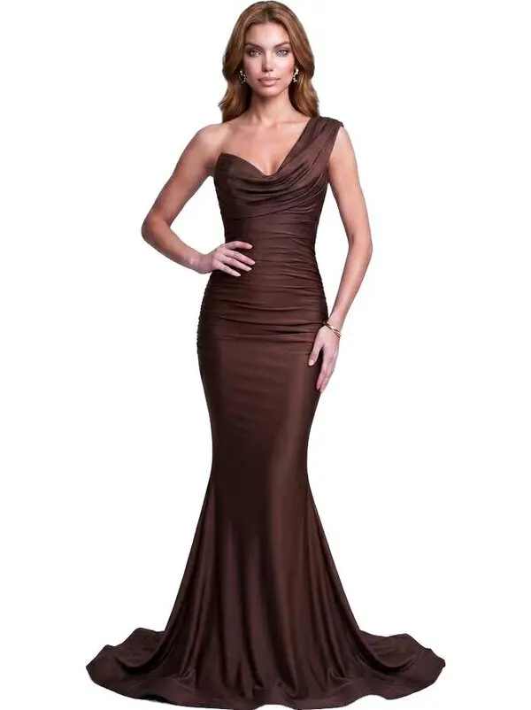 JESSICA ANGEL One-shoulder Soft Draped Mermaid Gown - Brown