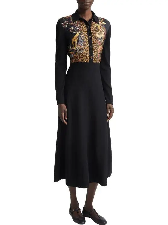 Etro Mixed Media Long Sleeve Midi Sweater Dress - Black