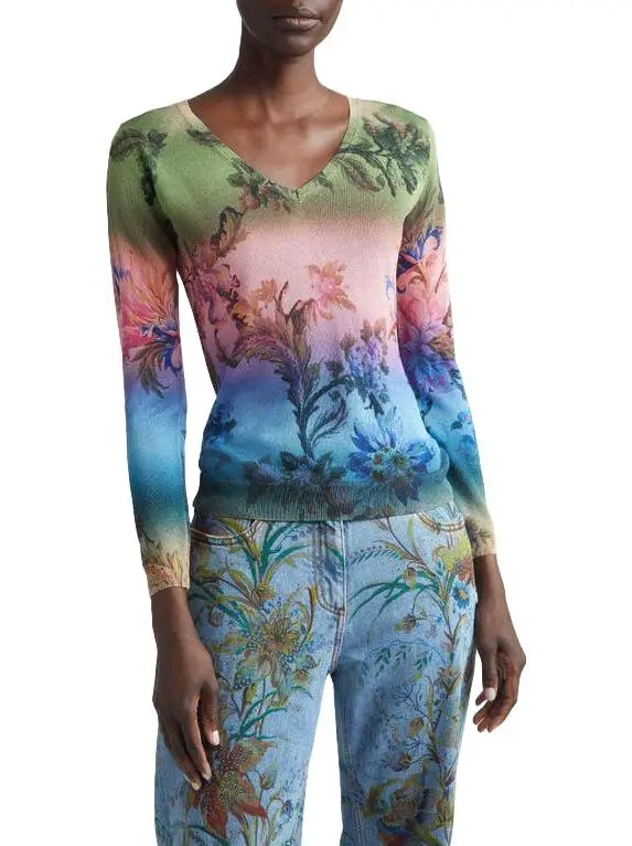 Etro Metallic Floral Ombré V-neck Sweater - Green