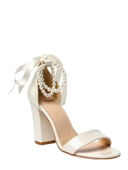 FOREVER & ALWAYS SHOES Caelis Pearl Ankle Strap Block Heel Sandals - Ivory