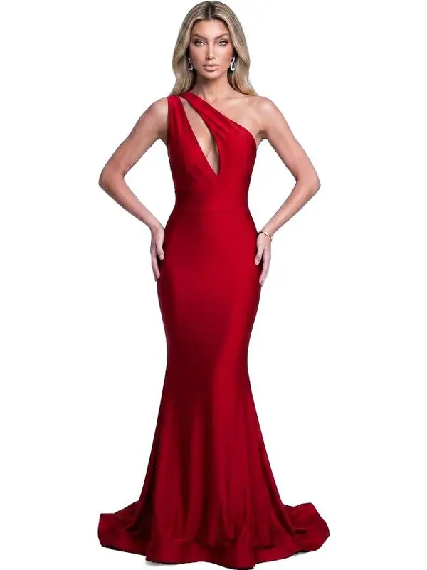 JESSICA ANGEL Asymmetrical Cutout Mermaid Evening Gown - Red