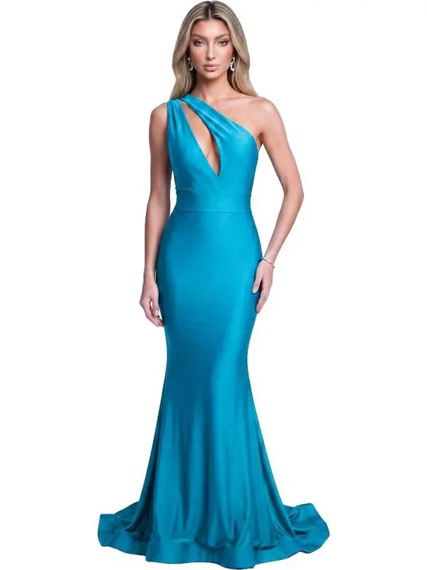 JESSICA ANGEL Asymmetrical Cutout Mermaid Evening Gown - Turquoise