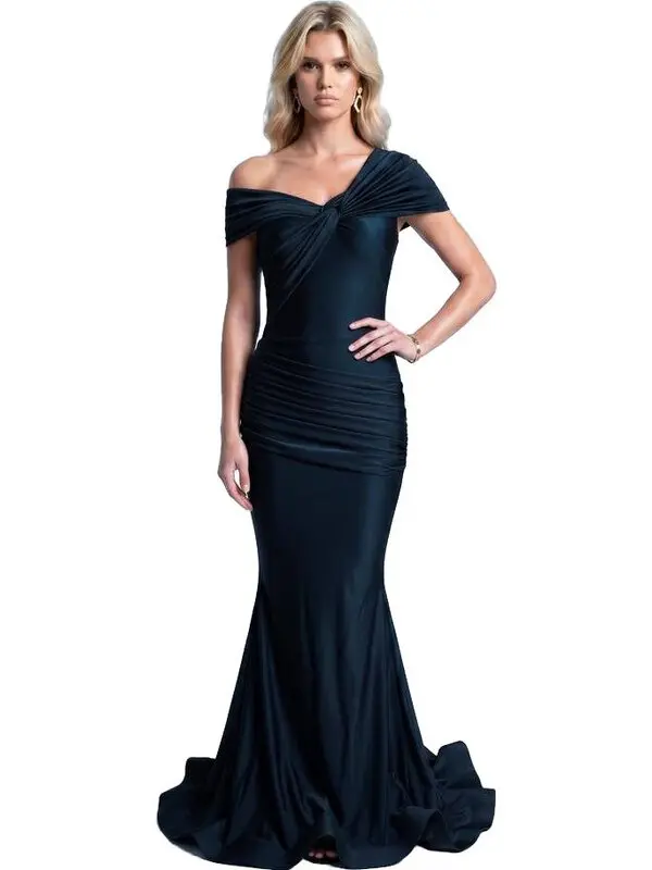JESSICA ANGEL One-shoulder Twist Ruched Mermaid Evening Gown - Black