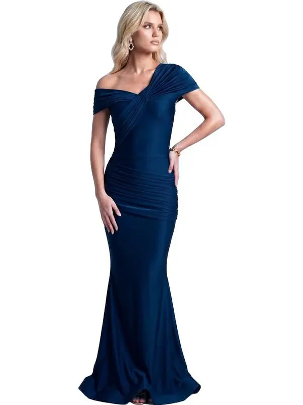JESSICA ANGEL One-shoulder Twist Ruched Mermaid Evening Gown - Navy