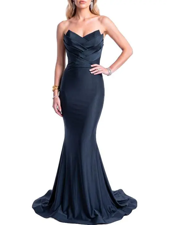 JESSICA ANGEL Strapless Layered Tulip Bodice Mermaid Evening Gown - Black