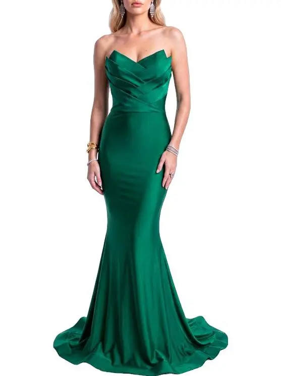 JESSICA ANGEL Strapless Layered Tulip Bodice Mermaid Evening Gown - Forest Green