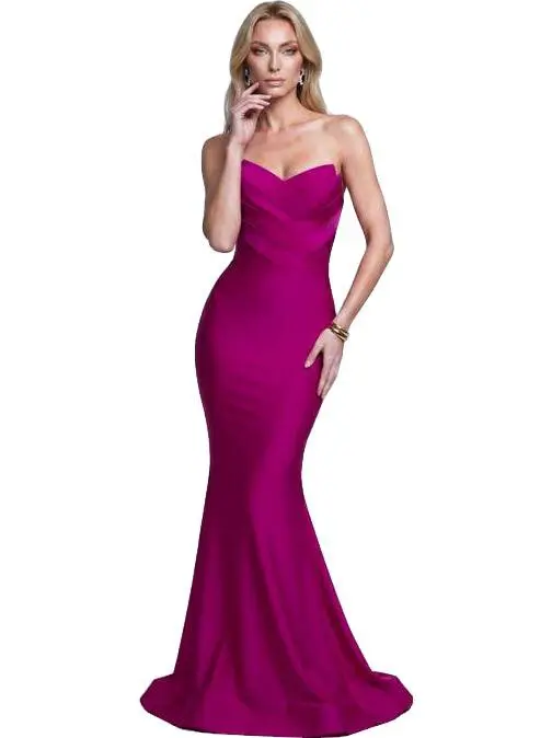 JESSICA ANGEL Strapless Layered Tulip Bodice Mermaid Evening Gown With Dramatic Train - Magenta