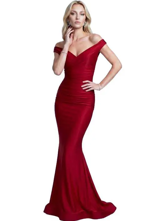 JESSICA ANGEL Off-the-shoulder Ruched Mermaid Gown - Red