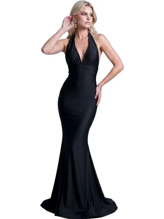 JESSICA ANGEL Plunge Gathered Halter Mermaid Gown - Black
