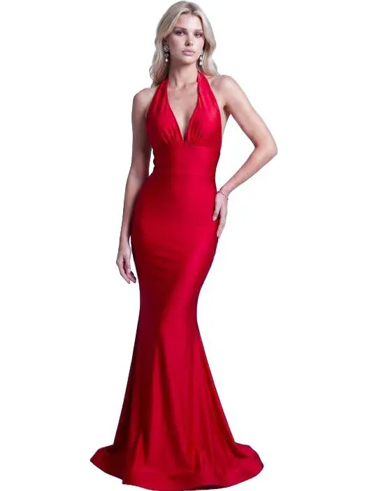 JESSICA ANGEL Plunge Gathered Halter Mermaid Gown - Red
