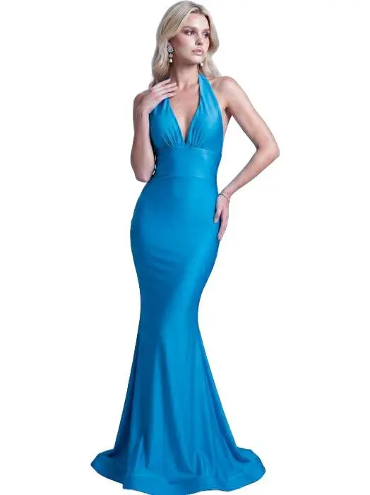 JESSICA ANGEL Plunge Gathered Halter Mermaid Gown - Turquoise