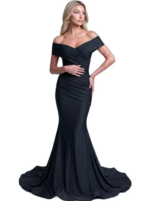 JESSICA ANGEL Off-the-shoulder Ruched Mermaid Evening Gown - Black