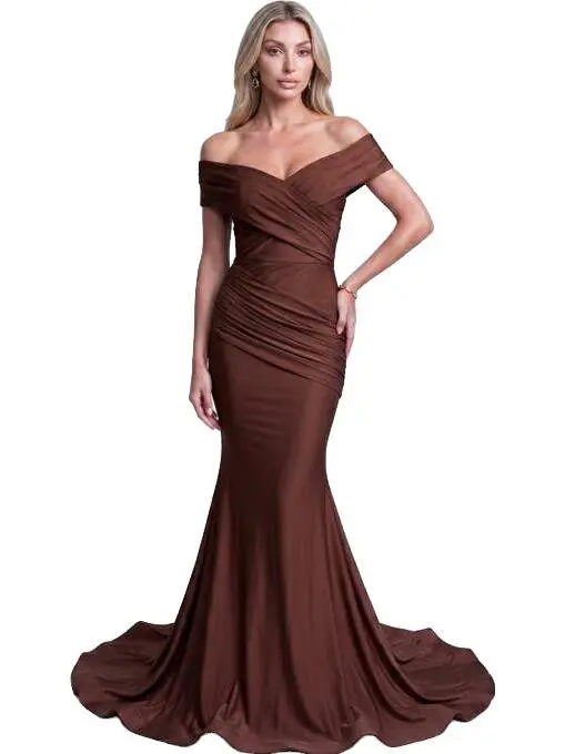 JESSICA ANGEL Off-the-shoulder Ruched Mermaid Evening Gown - Brown