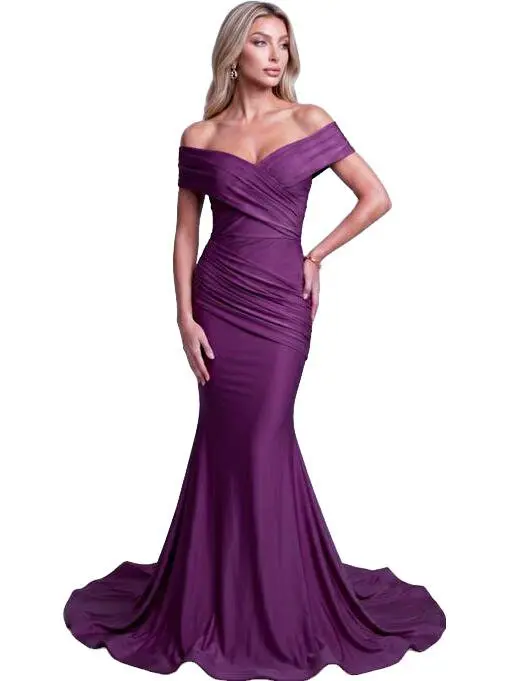 JESSICA ANGEL Off-the-shoulder Ruched Mermaid Evening Gown - Grape