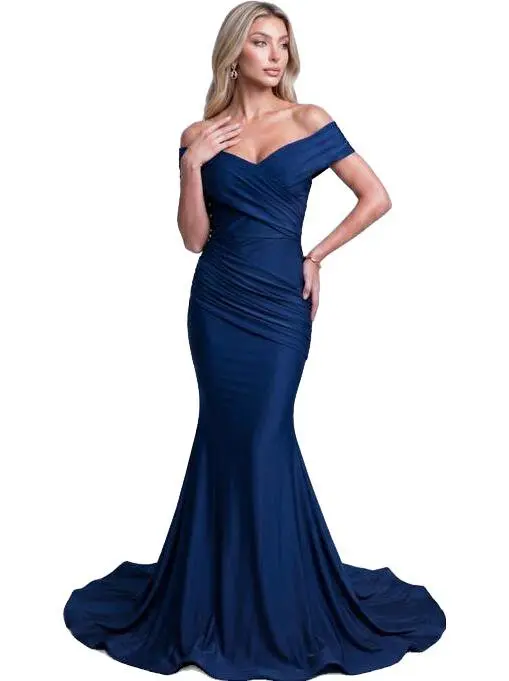 JESSICA ANGEL Off-the-shoulder Ruched Mermaid Evening Gown - Navy