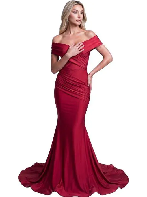 JESSICA ANGEL Off-the-shoulder Ruched Mermaid Evening Gown - Red