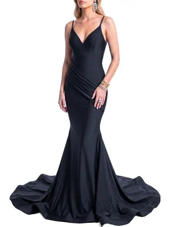JESSICA ANGEL Ruched Plunge Neck Mermaid Evening Gown - Black