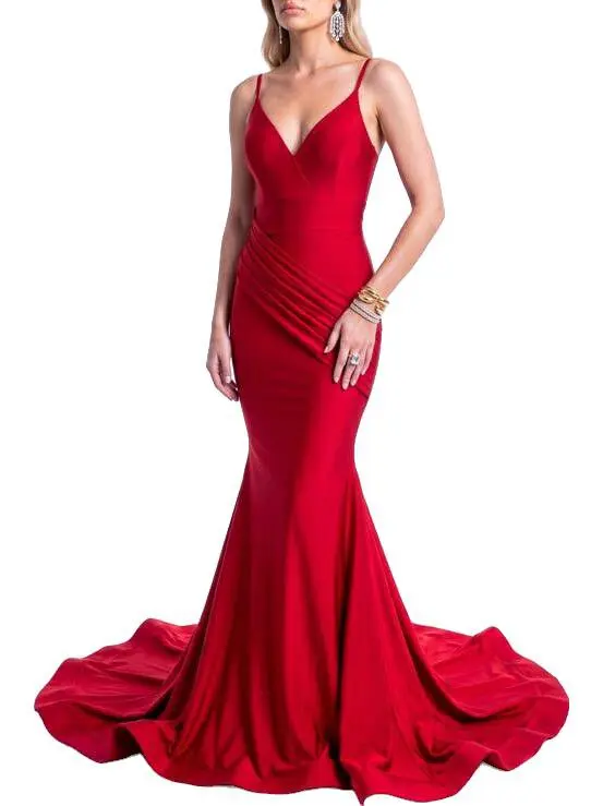JESSICA ANGEL Ruched Plunge Neck Mermaid Evening Gown - Red