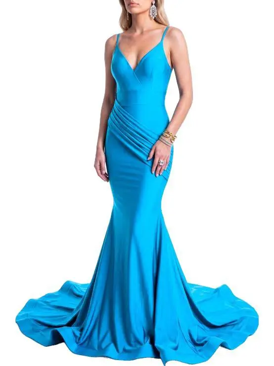JESSICA ANGEL Ruched Plunge Neck Mermaid Evening Gown - Turquoise