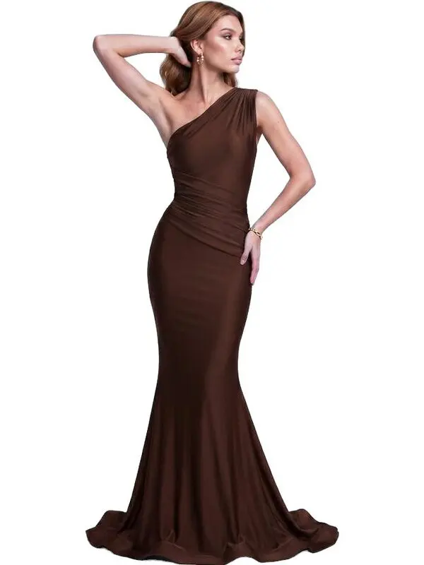JESSICA ANGEL One Shoulder Ruched Mermaid Evening Gown - Brown